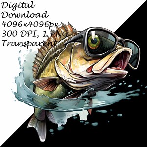 Watercolor Cool Bass Fish With Sunglasses Clip Art - Printable T Shirt ...