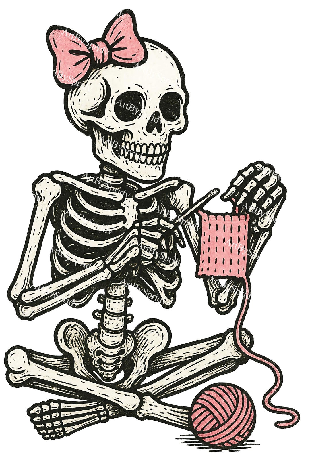 Skeleton Knitting PNG, Cute Crochet Skeleton Clipart With Pink Bow ...