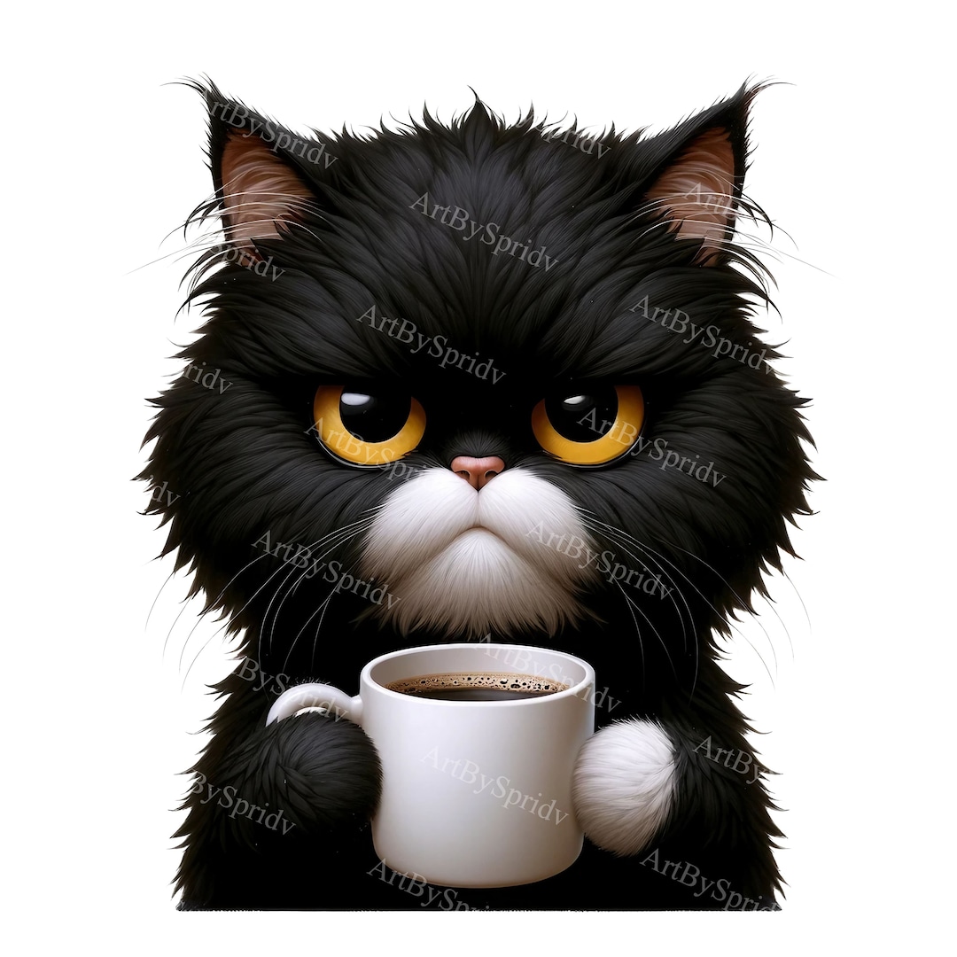 Grumpy Black Cat Clipart With Coffee Cup - Digital PNG for DTG ...