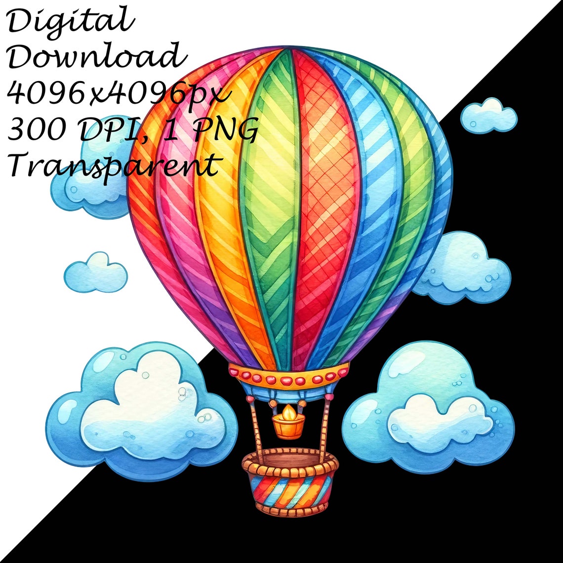 Watercolor Hot Air Balloon PNG - Colorful Sky Float Digital Clipart for ...