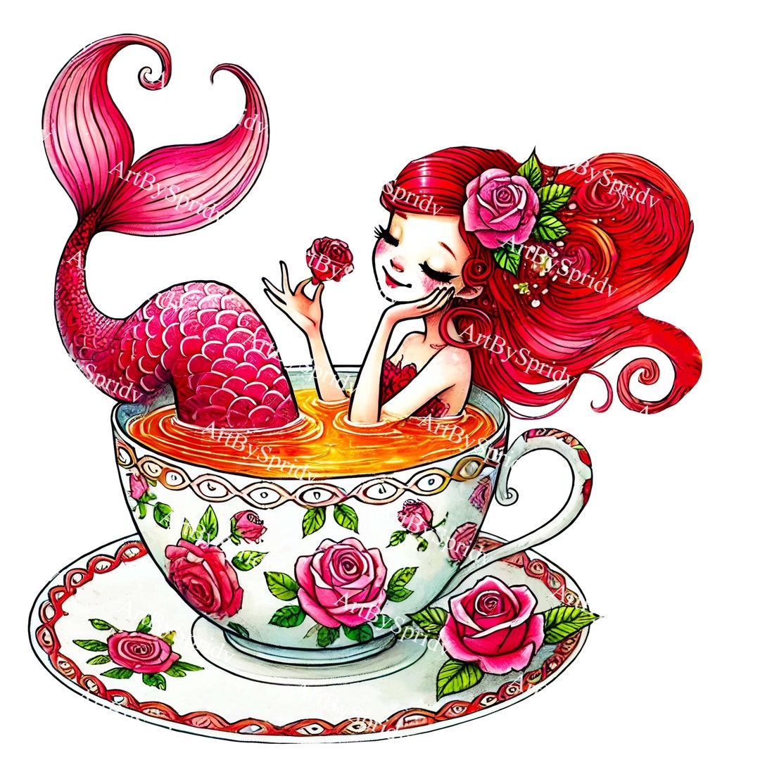 Red-haired Mermaid in Tea Cup Clipart-whimsical Digital Illustration ...