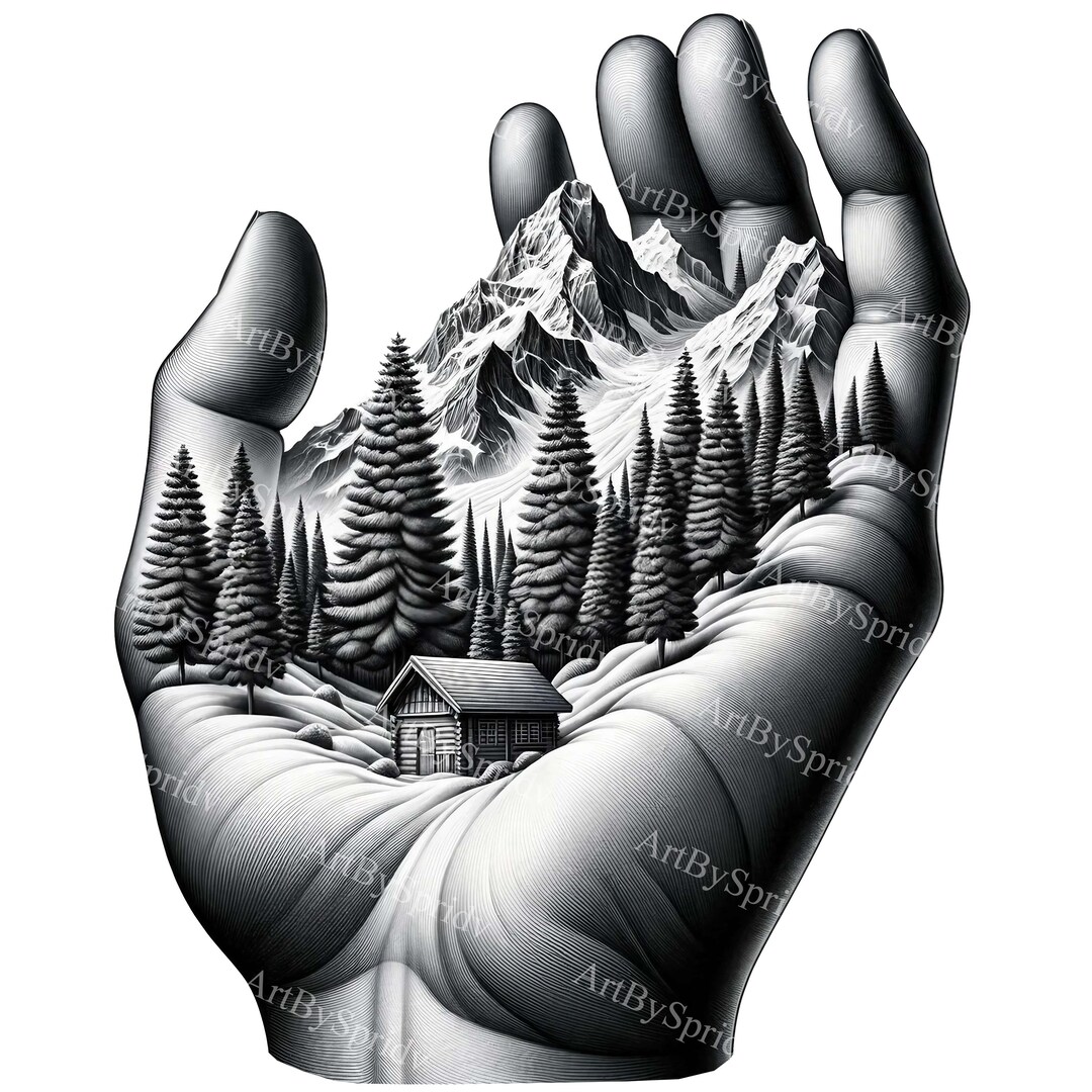 Intricate Landscape in Hand Clipart - Digital Mountain Art PNG ...
