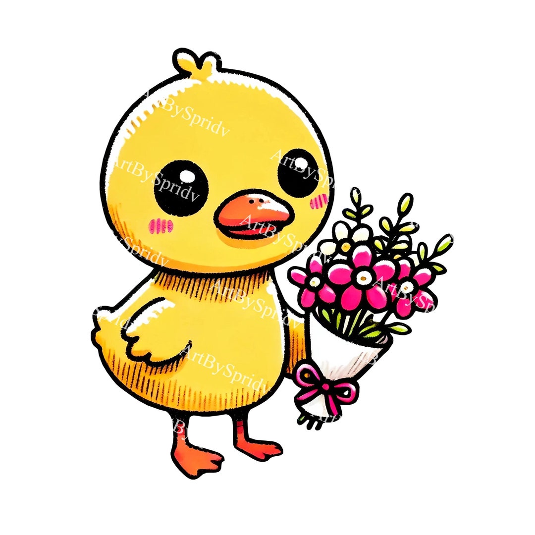 Duck With Bouquet PNG Clipart, Cute Kawaii Duckling Holding Flowers ...