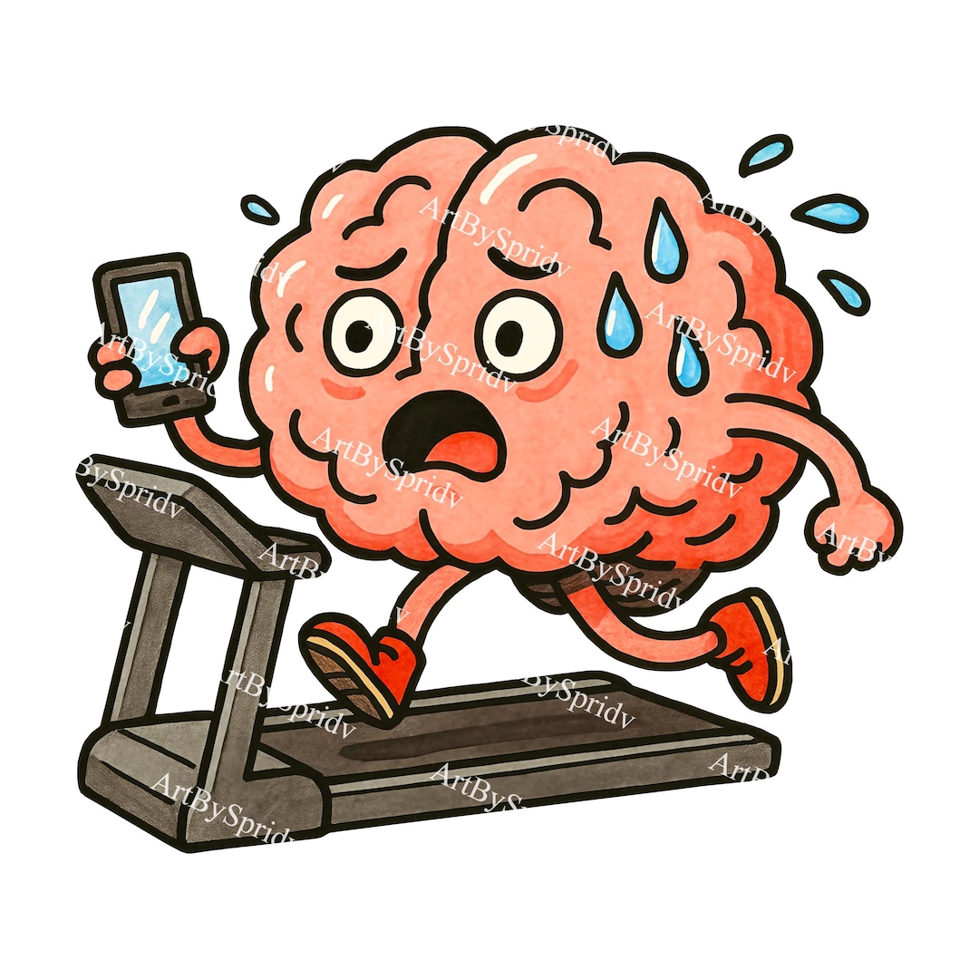 Funny Brain Cartoon Running on Treadmill PNG, Mental Health Clipart ...