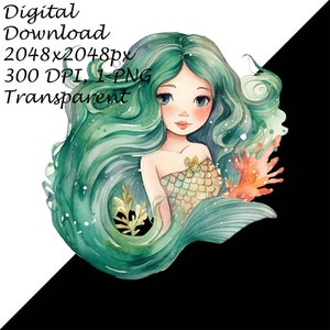 Watercolor Mermaid Princess PNG Clipart, Ocean Fantasy Clip Art, Cute ...