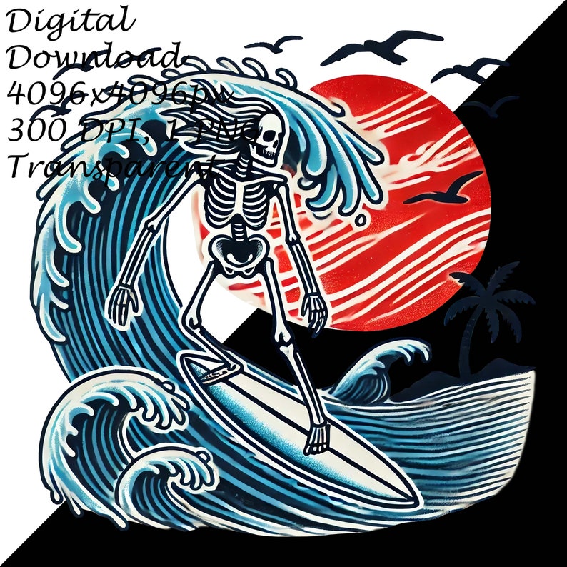 Surfing Skeleton PNG Clipart, Vintage Retro Digital Download, Halloween ...