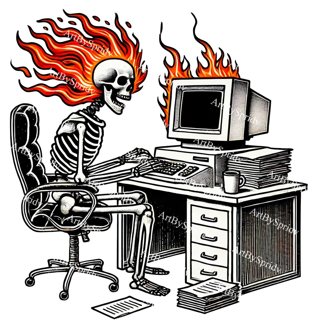 Funny Skeleton Office Worker PNG - Flaming Computer Cartoon Clipart for ...