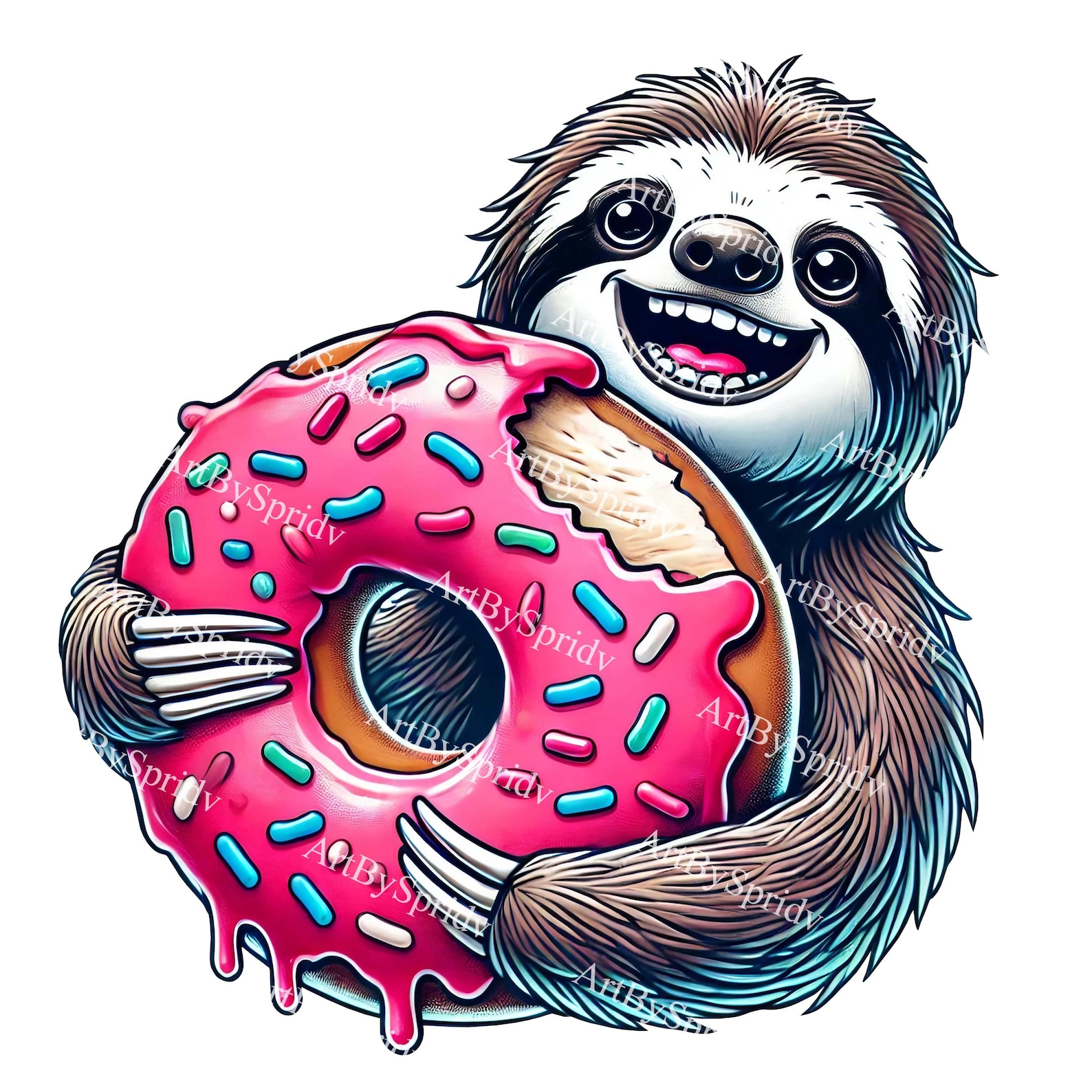 Sloth Holding Pink Frosted Donut PNG Clipart, Cute Animal Illustration ...
