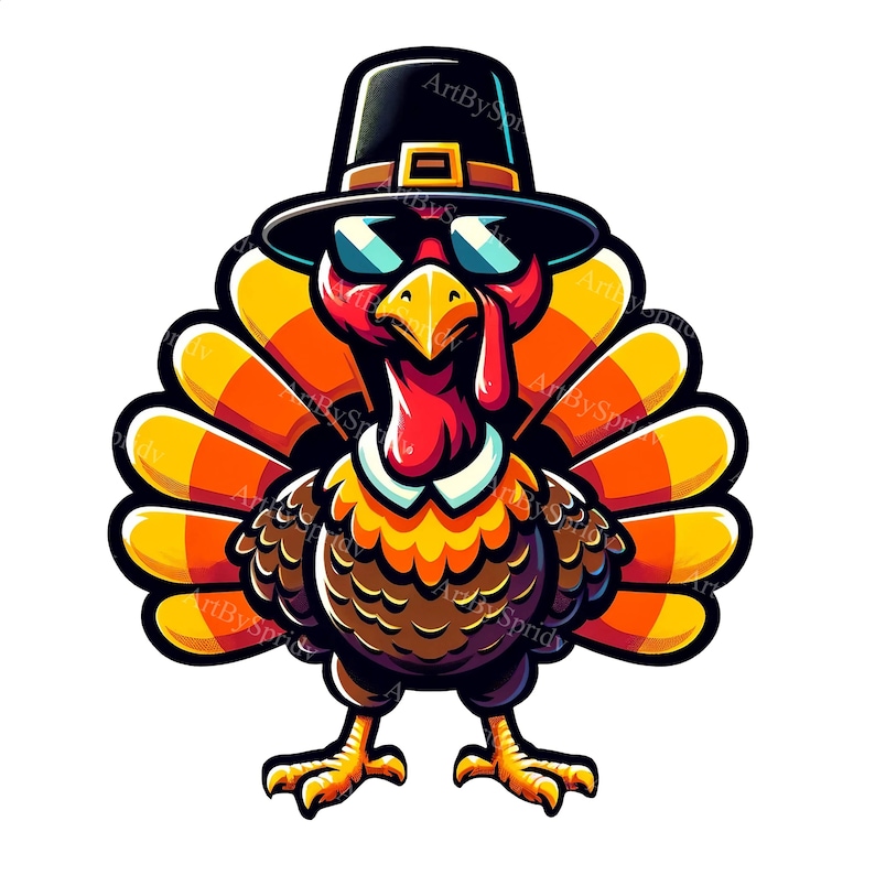 Thanksgiving Turkey Clipart With Pilgrim Hat | Funky Sunglass Wearing ...