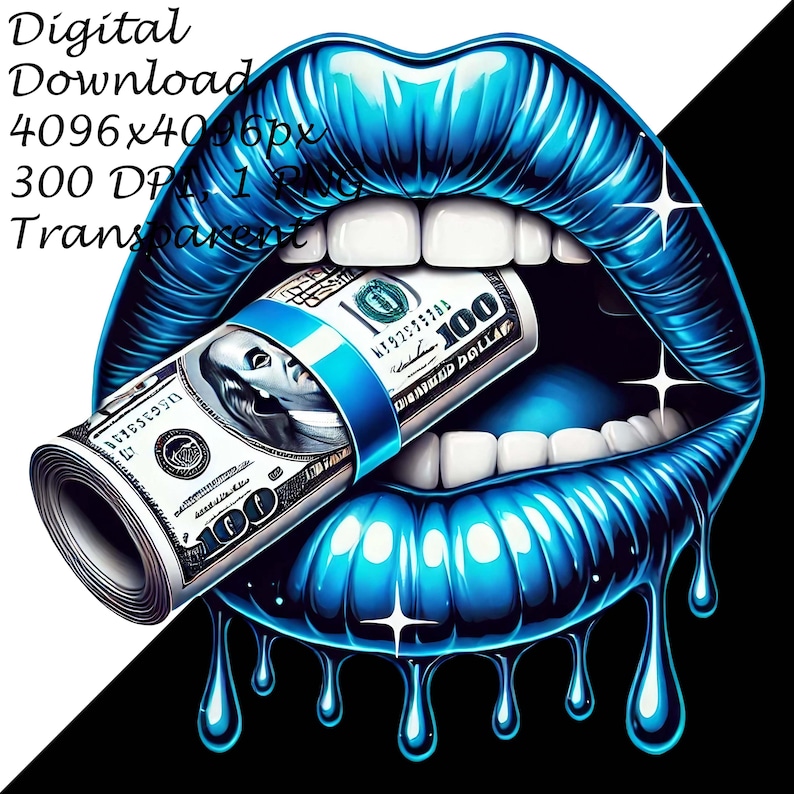Glossy Blue Lips Biting 100 Dollar Bill Download PNG Clipart, Dripping ...