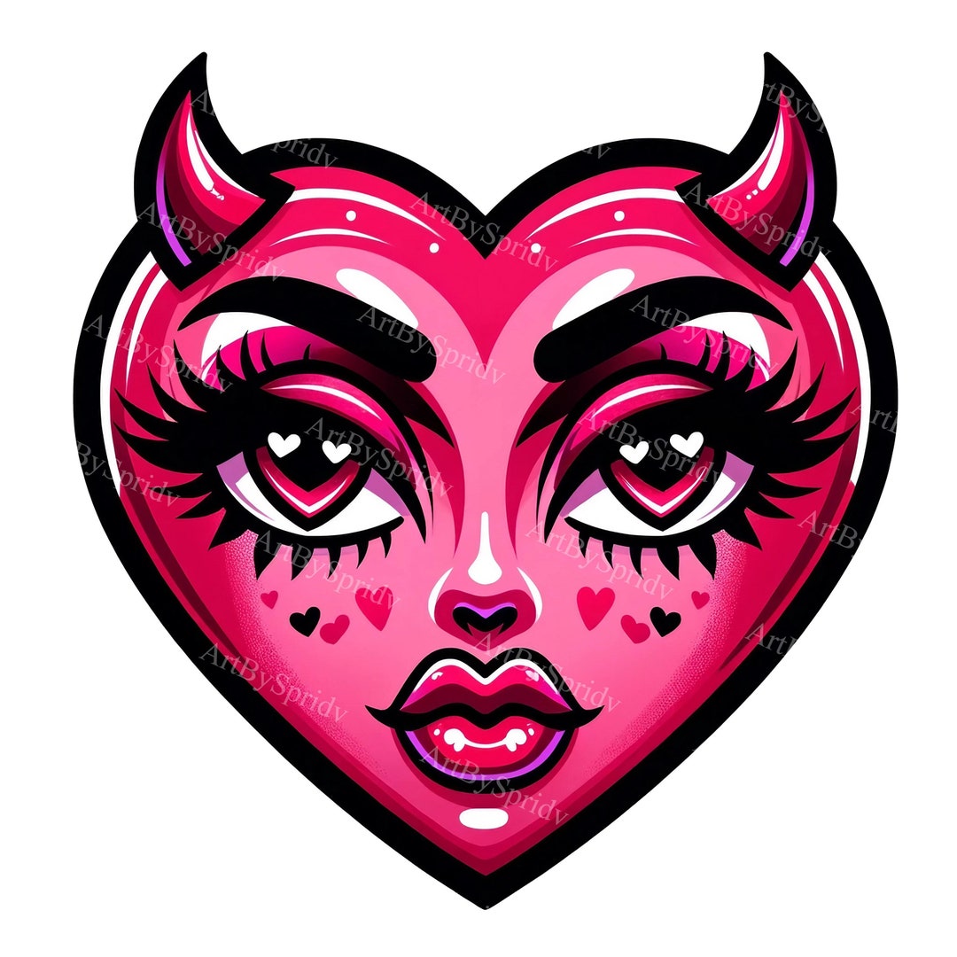 Valentine Devil Horns Heart Face Clipart - Digital PNG for DTG, T-shirt, Mug, Tumbler ...