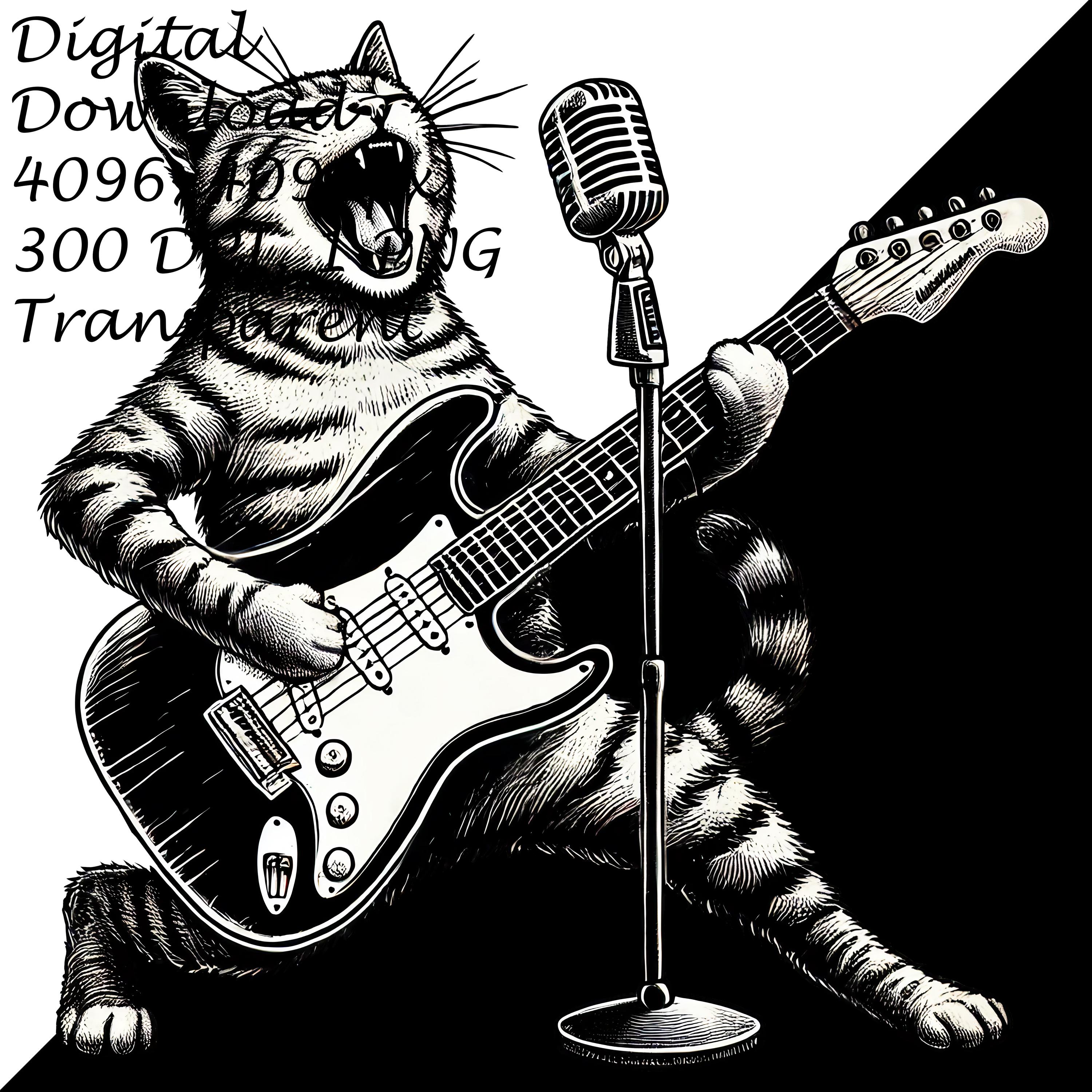 Rockstar Cat Playing Electric Guitar Digital PNG Clipart, Cool Cat ...