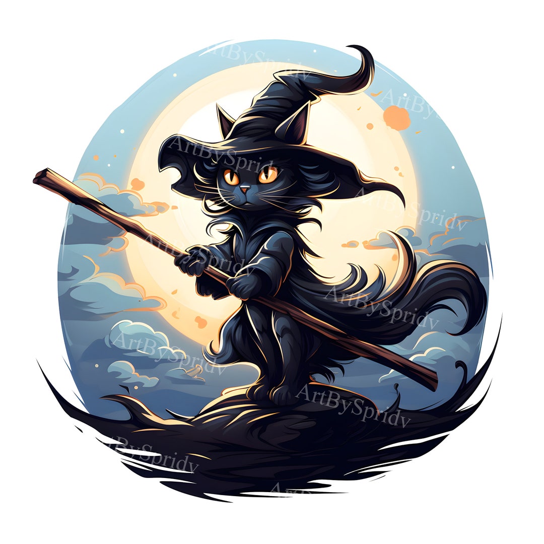 Halloween Black Cat Witch PNG Clipart, Spooky Kitten on Broomstick ...