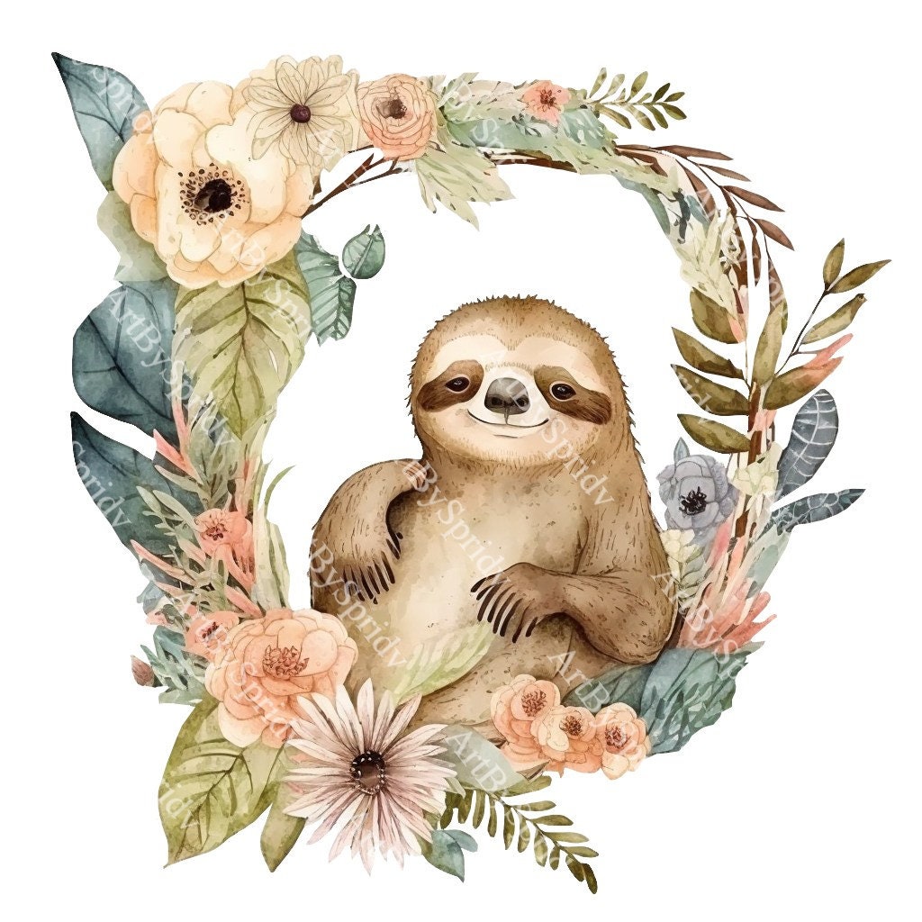 Watercolor Floral Sloth PNG Cute Cartoon Transparent Clipart - Etsy