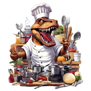 T-rex Chef Dinosaur With Hat & Apron Clip Art - Printable Shirt, Mug ...