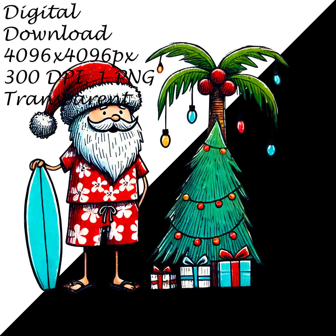Tropical Christmas Santa Clipart, Surfing Santa With Palm Tree PNG ...
