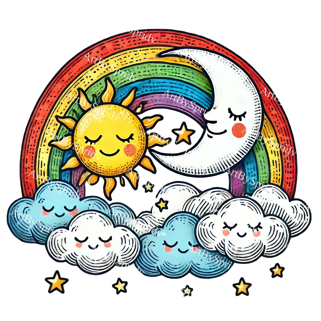 Whimsical Sun & Moon With Rainbow, Clouds PNG Clipart, Cute Weather ...