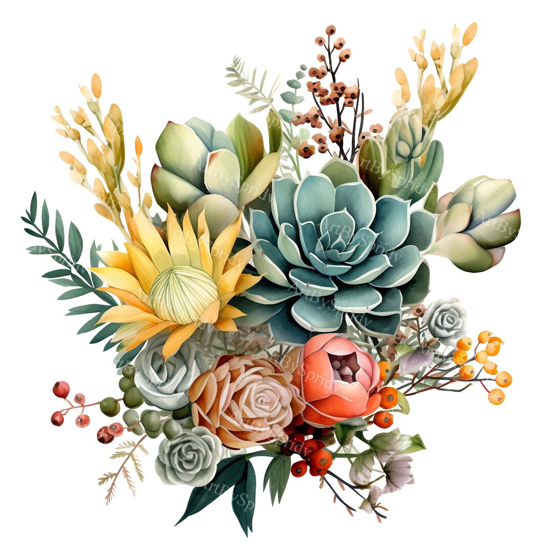 Bouquet of Succulents & Wildflowers Boho Floral Style Transparent PNG ...