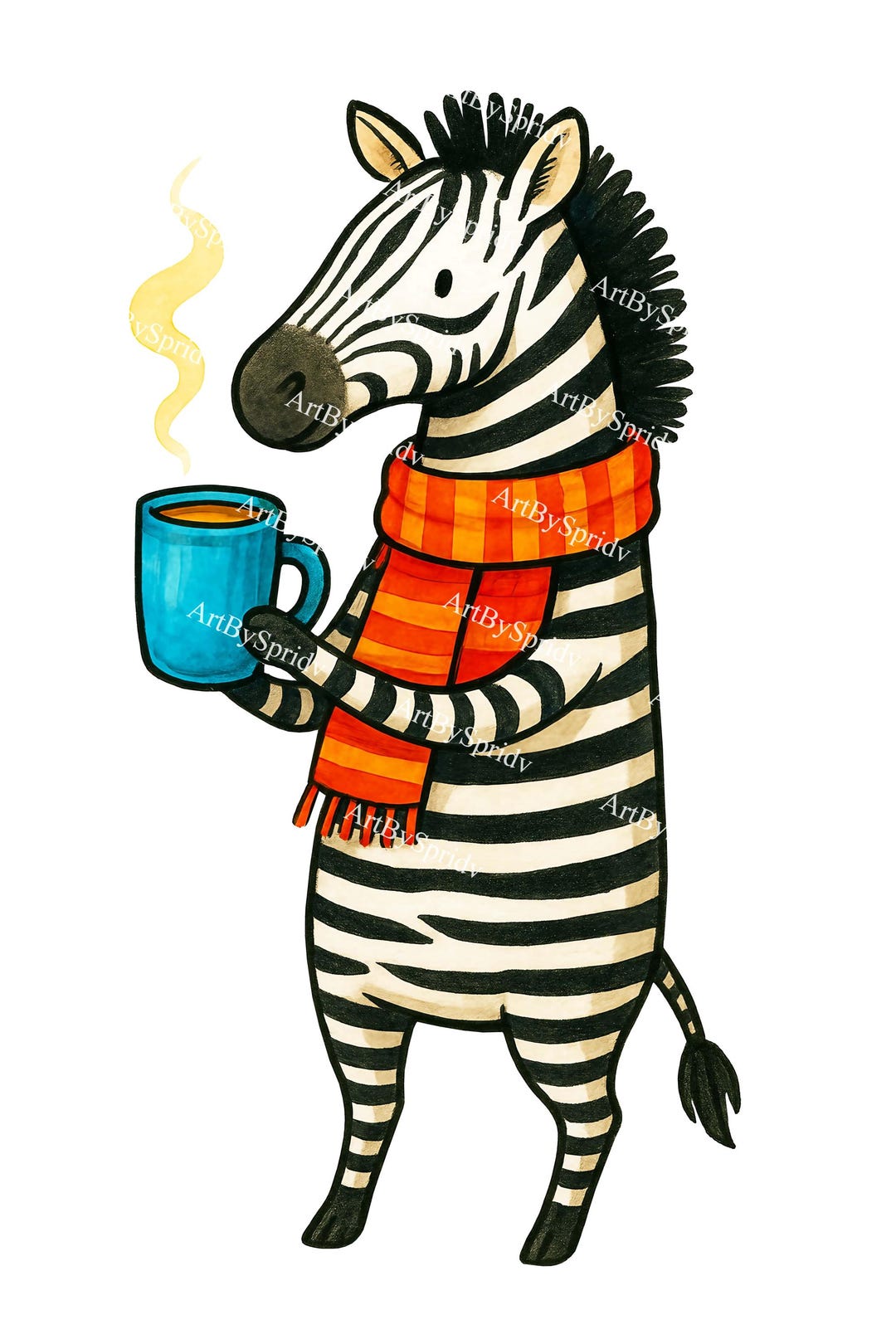 Cozy Zebra With Coffee PNG | Cute Cartoon Zebra in Scarf Holding Mug ...