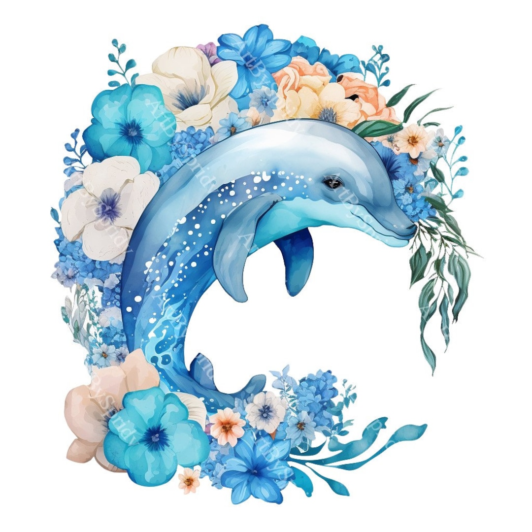 Cartoon Dolphin With Flower PNG Floral Transparent Clipart Kids Design ...