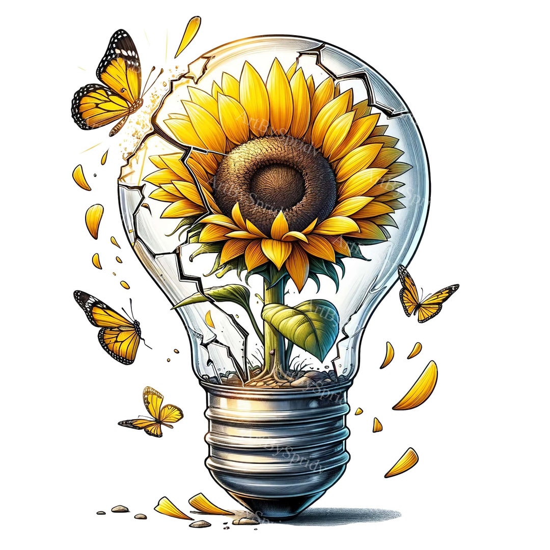 Sunflower in Light Bulb PNG Clipart With Butterfly - Digital Art for ...
