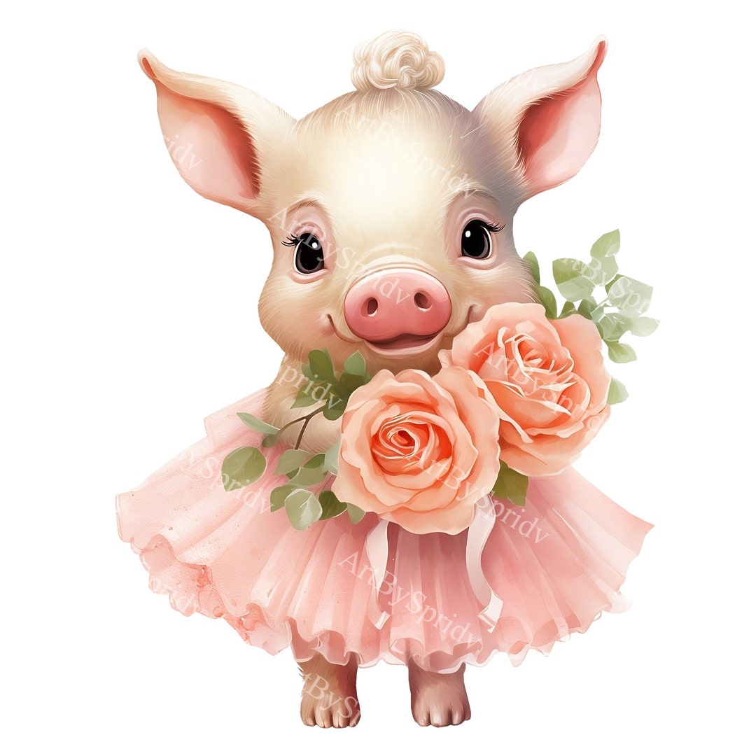 Piglet in Pink Tutu Holding Roses PNG Clipart, Cute Baby Animal ...