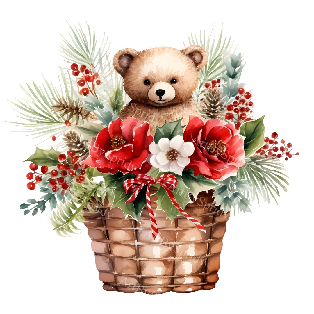 Christmas Bear Watercolor Clipart - Holiday Teddy Bear With Flowers and ...
