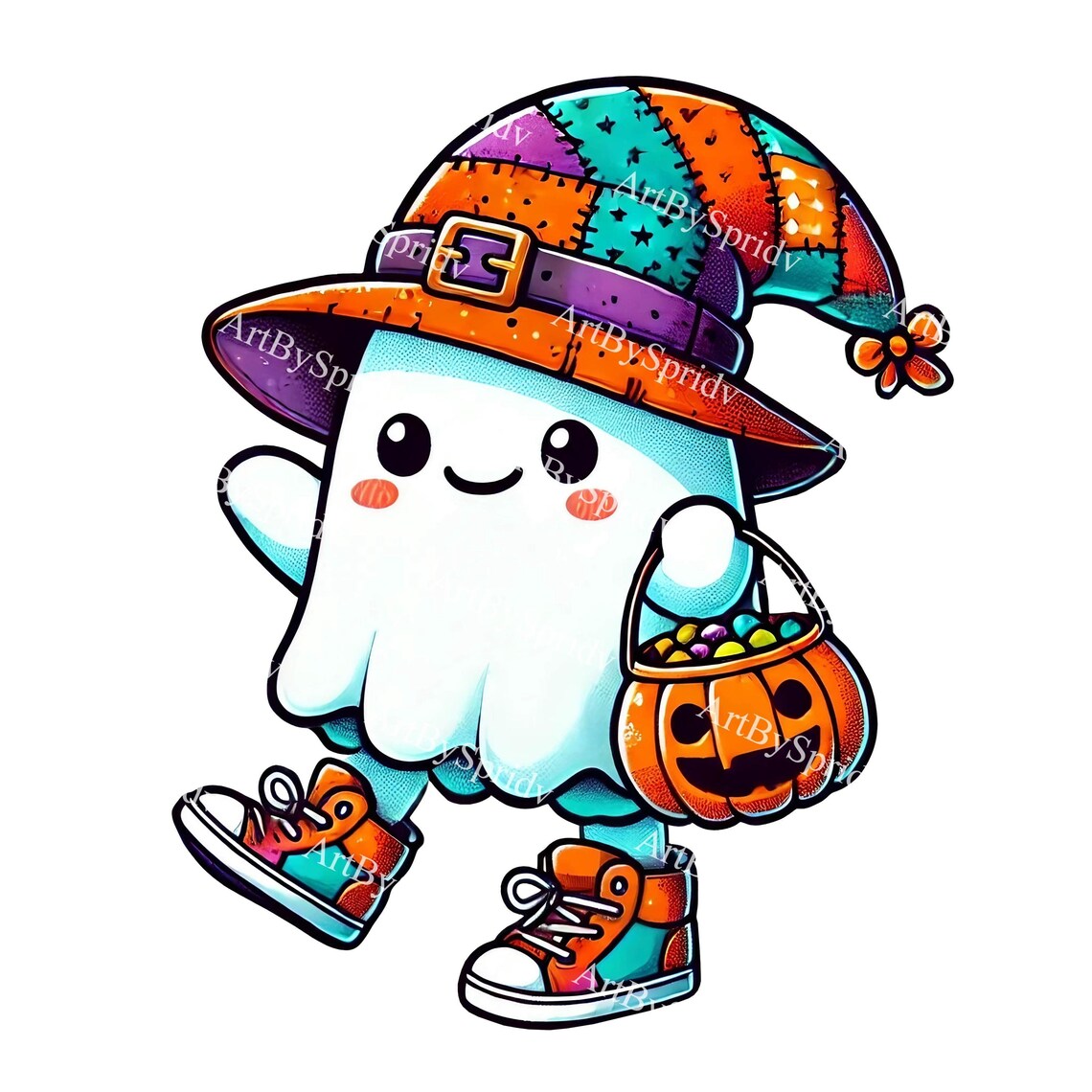 Halloween Ghost PNG Clipart in Patchwork Witch Hat Holding Pumpkin ...