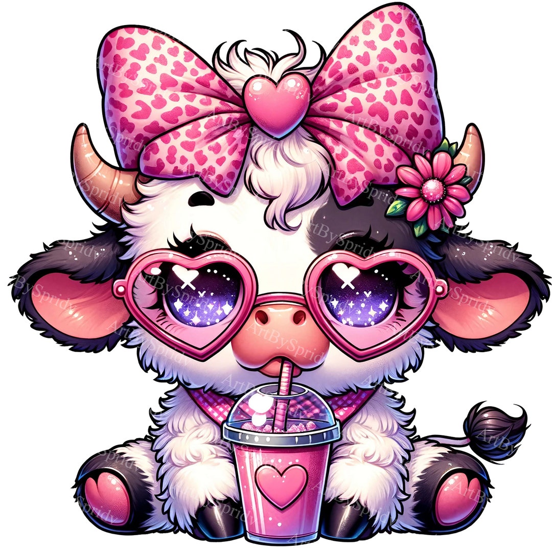 Cute Cow Clipart With Heart Sunglasses & Bow, Printable Tumbler and Mug ...