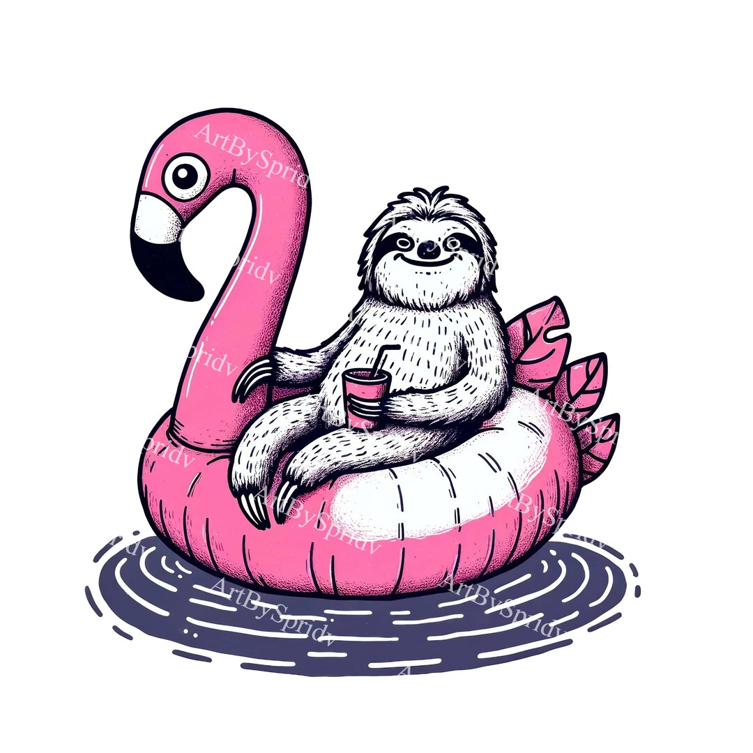 Relaxing Sloth on Pink Flamingo Pool Float Download PNG Clipart-summer ...