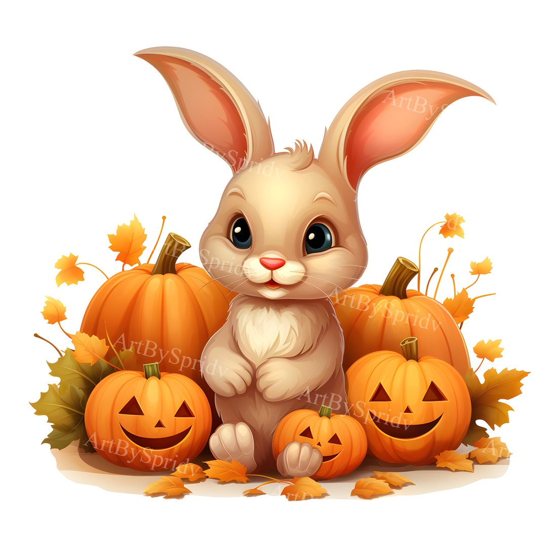 Autumn Harvest Bunny Clipart: Transparent PNG Rabbit With Pumpkins ...