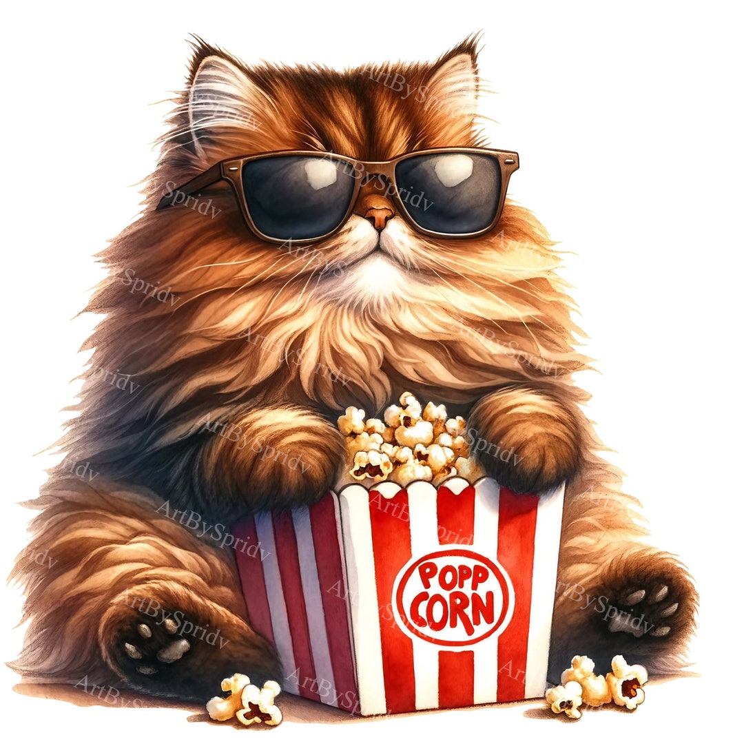 Cute Cat With Sunglasses & Popcorn Box Clipart Watercolor Digital PNG ...