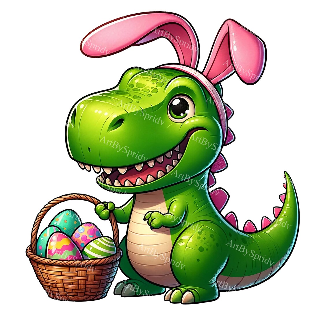 Easter T-rex Dinosaur Clipart With Bunny Ears & Eggs Basket - Digital ...