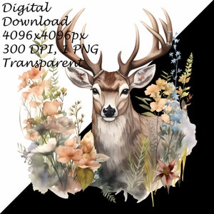 Watercolor Deer With Antlers & Wildflowers Transparent PNG Clipart ...