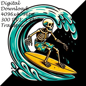 Skeleton Surfer Digital Clipart - Tropical Surfing Skeleton PNG for ...
