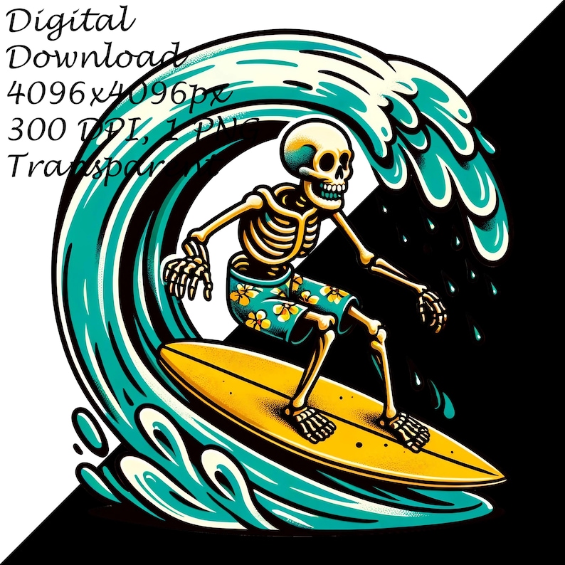 Skeleton Surfer Digital Clipart - Tropical Surfing Skeleton PNG for ...