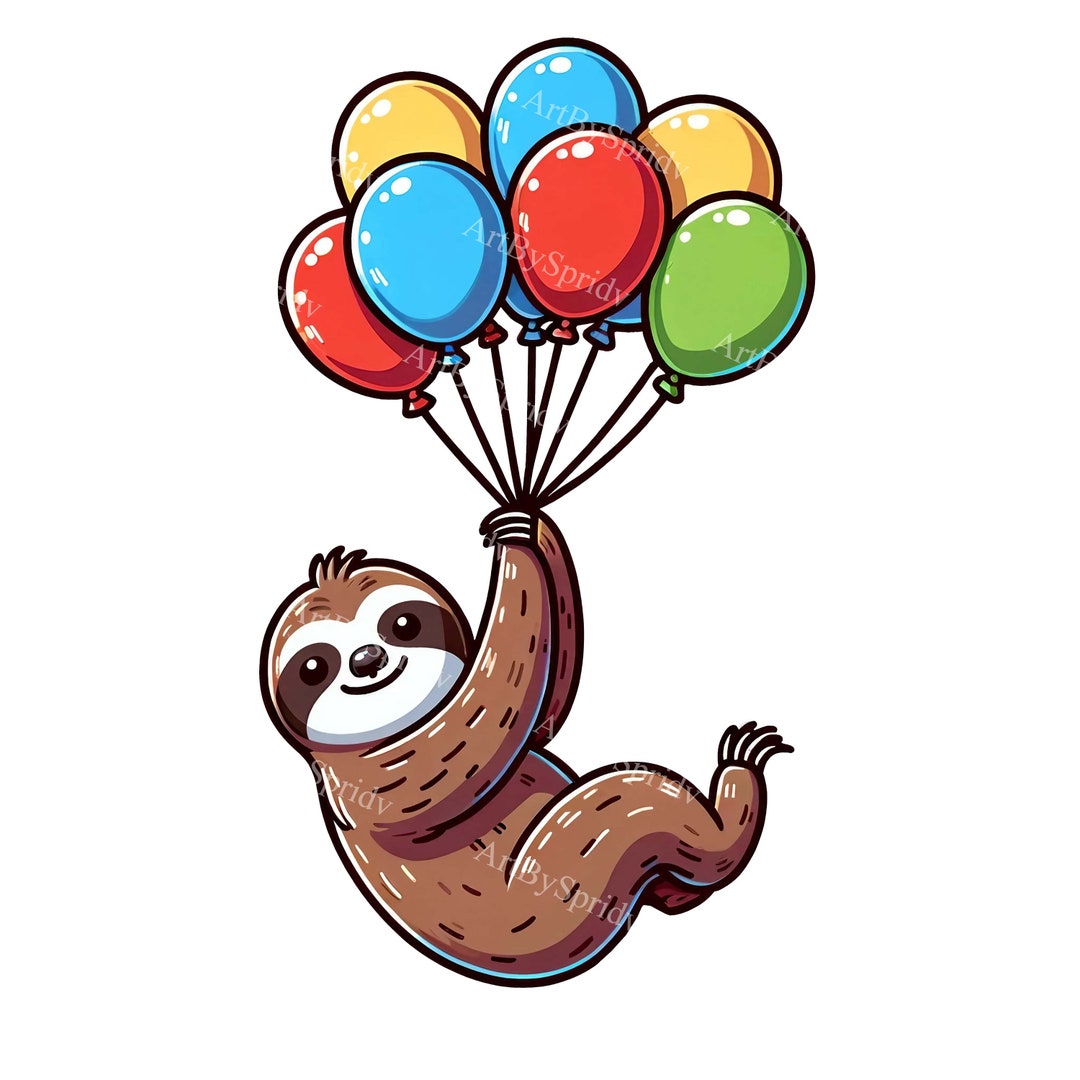 Cute Happy Sloth & Colorful Balloons Clipart - Digital PNG for DTG, T ...