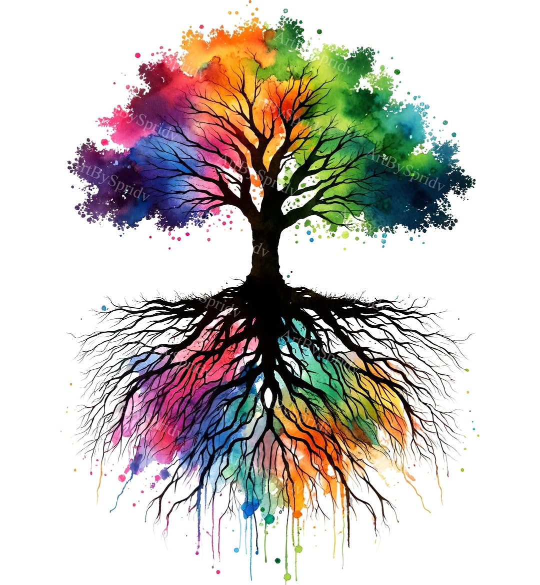 Watercolor Rainbow Tree Clipart - Abstract Colorful Tree With Roots PNG ...