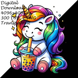 Adorable Rainbow Unicorn Clipart With Bubble Tea - Colorful Transparent ...