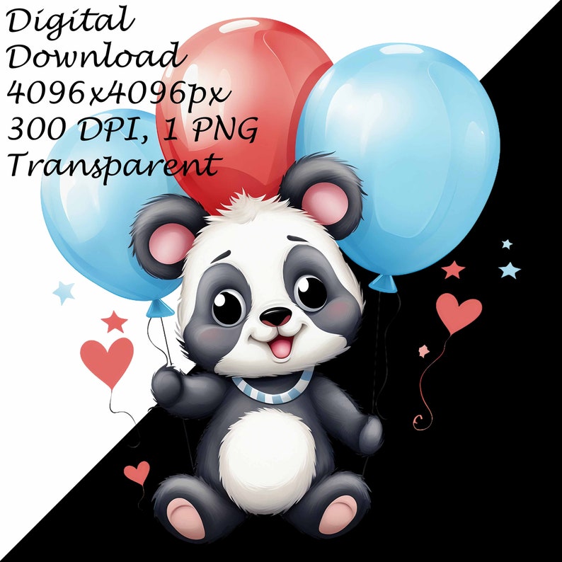 Panda Clipart With Balloons | Cute Animal Digital Art | Download PNG ...