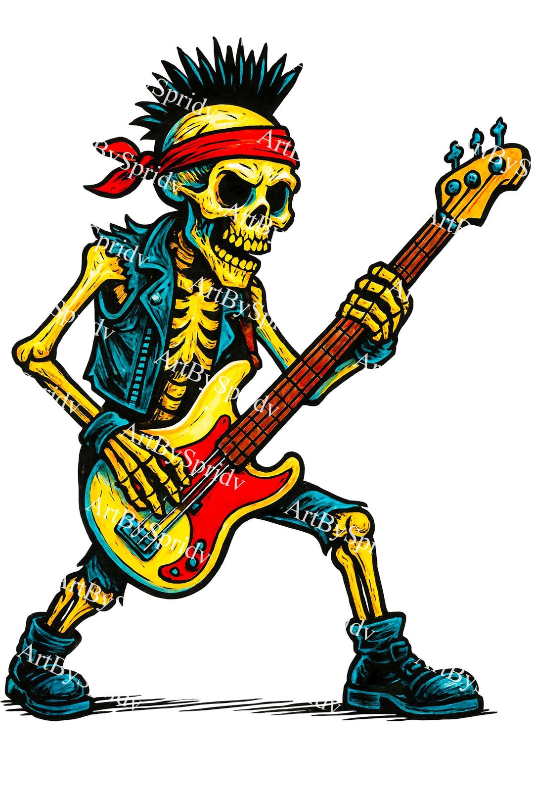 Punk Skeleton Bass Player PNG – Rock Skull With Mohawk, Vest & Bass ...