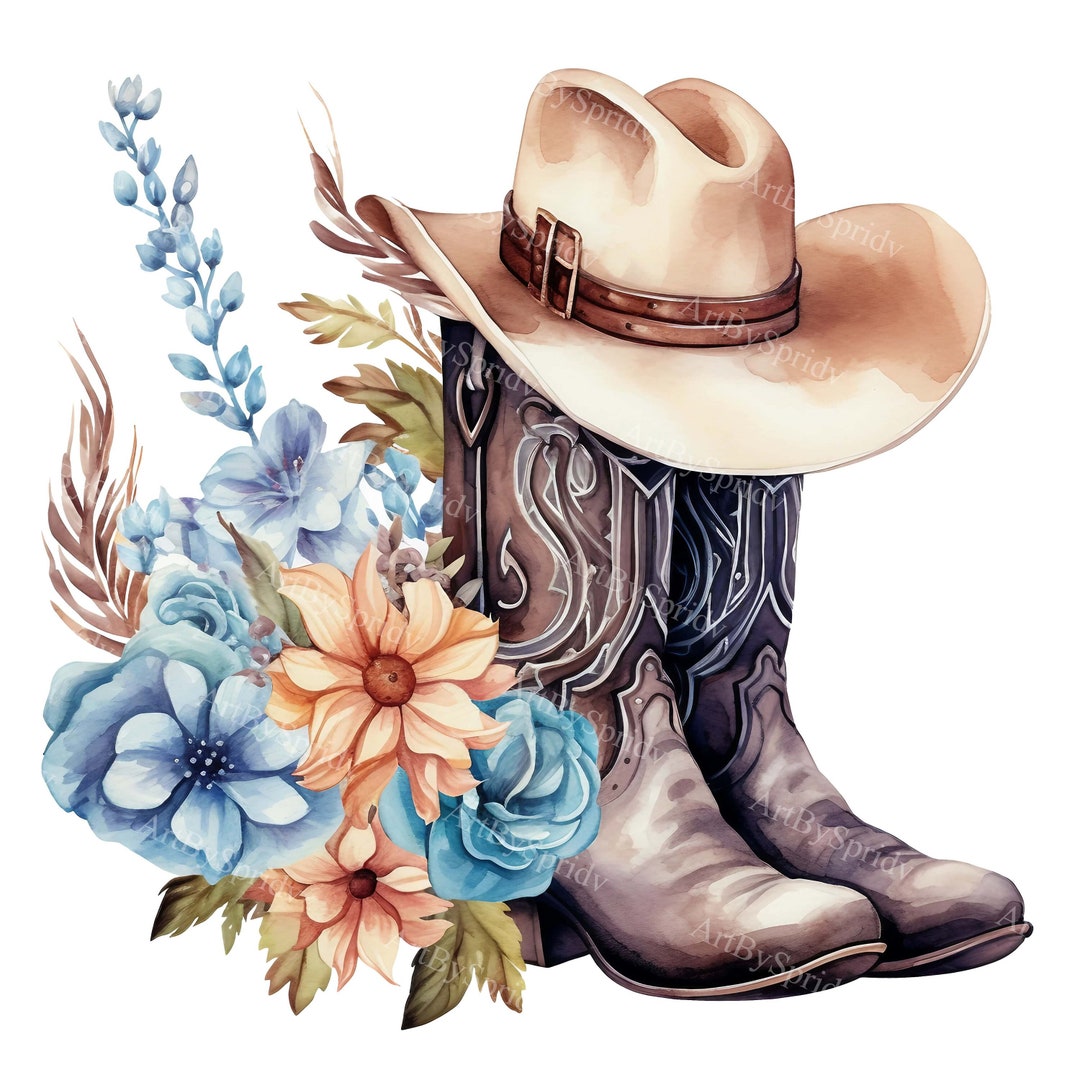 Watercolor Boho Cowgirl Boots, Hat and Flowers PNG Clipart - Western ...