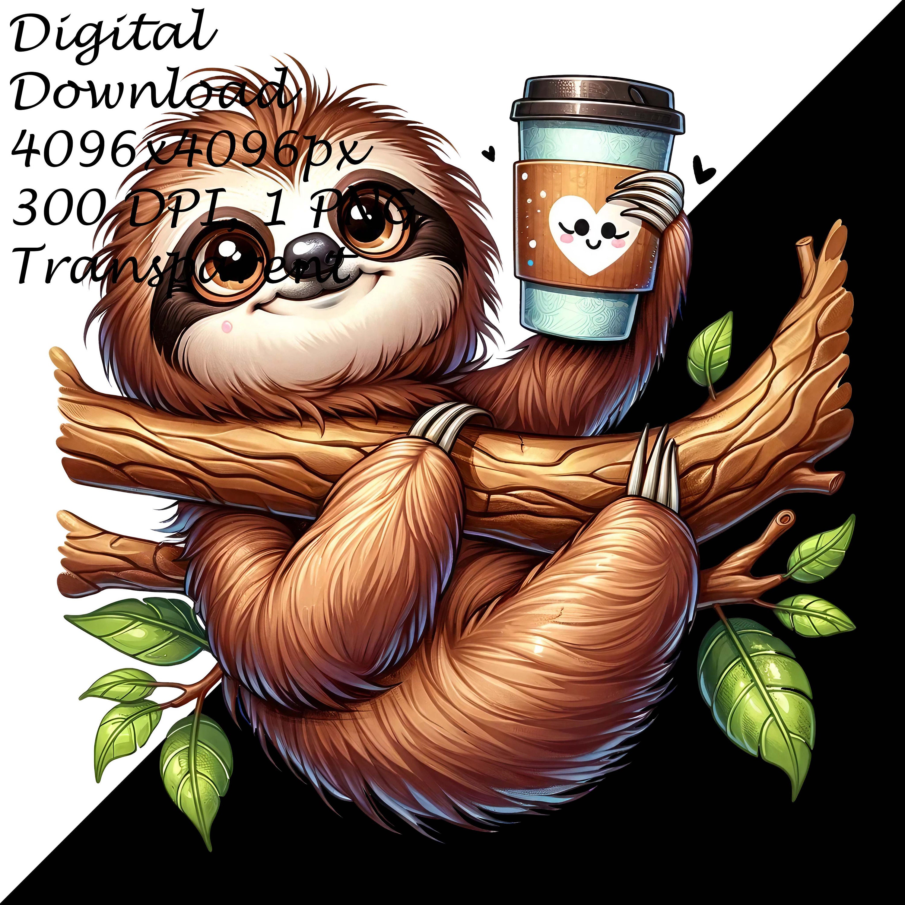 Sloth Clipart With Coffee Tumbler PNG, Cute Tree-hanging Sloth Digital ...