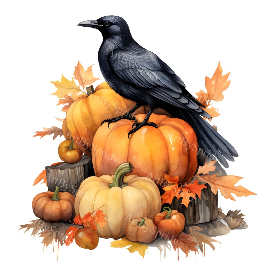 Autumn Crow on Pumpkins PNG Clipart, Halloween Fall Harvest Digital ...