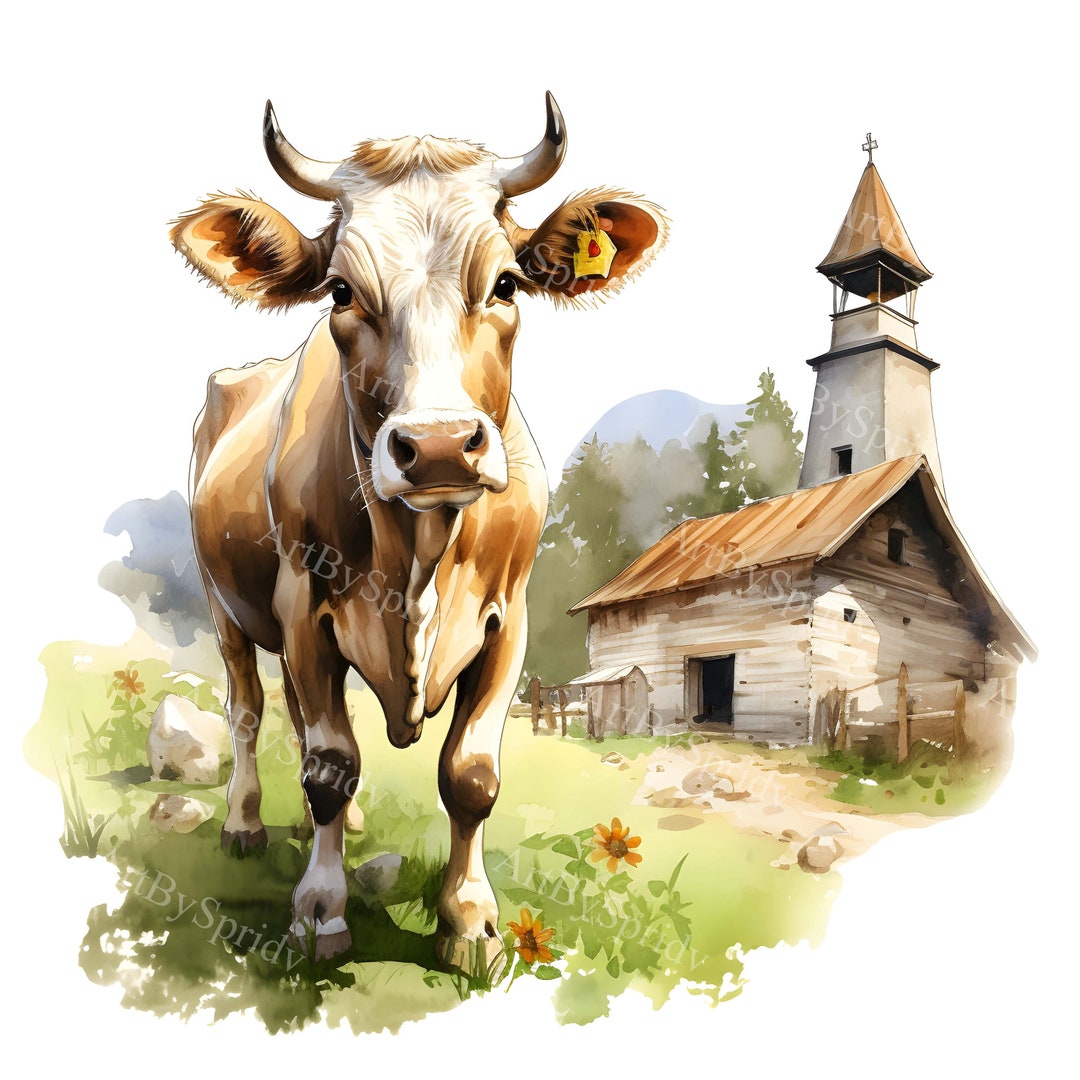 Rustic Cow With Farmhouse Scenу PNG Clipart, Watercolor Farm Animal ...