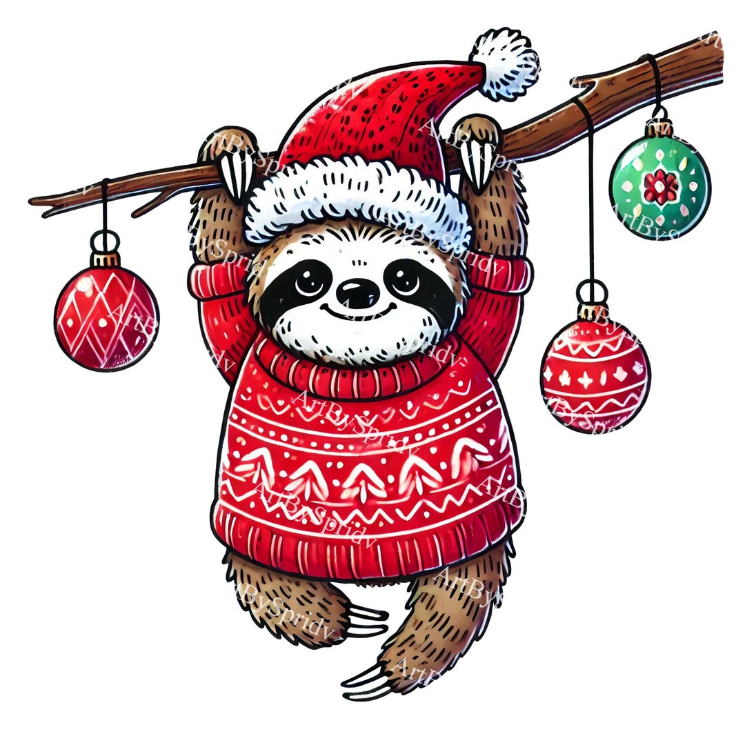 Christmas Sloth With Santa Hat & Red Sweater on Branch PNG Clipart ...