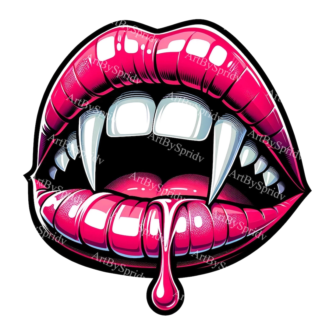 Glossy Vampire Lips Clipart With Dripping Ink - Fangs Sublimation ...