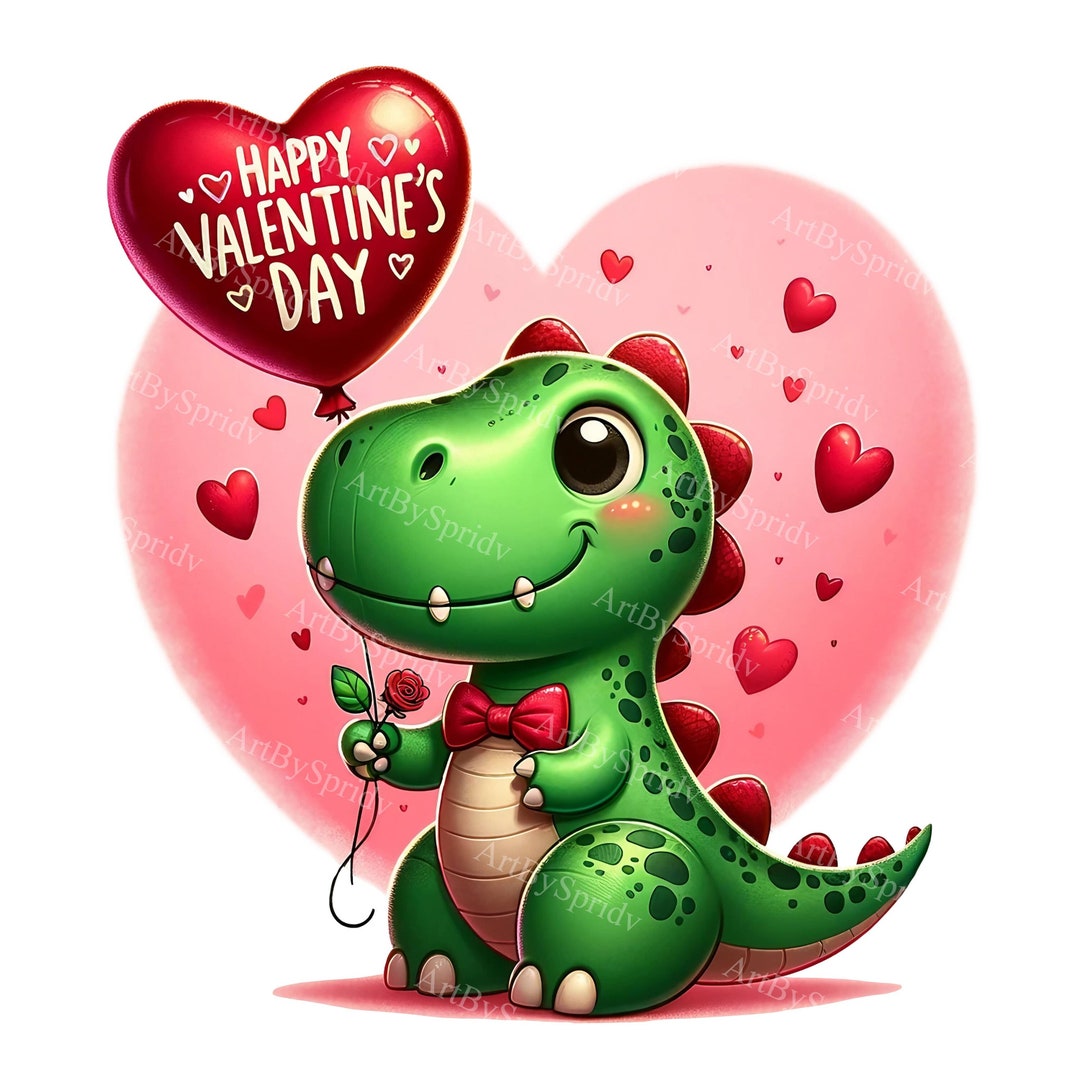 Valentine's Day T-rex Clipart - Cartoon Dinosaur With Heart Balloon ...