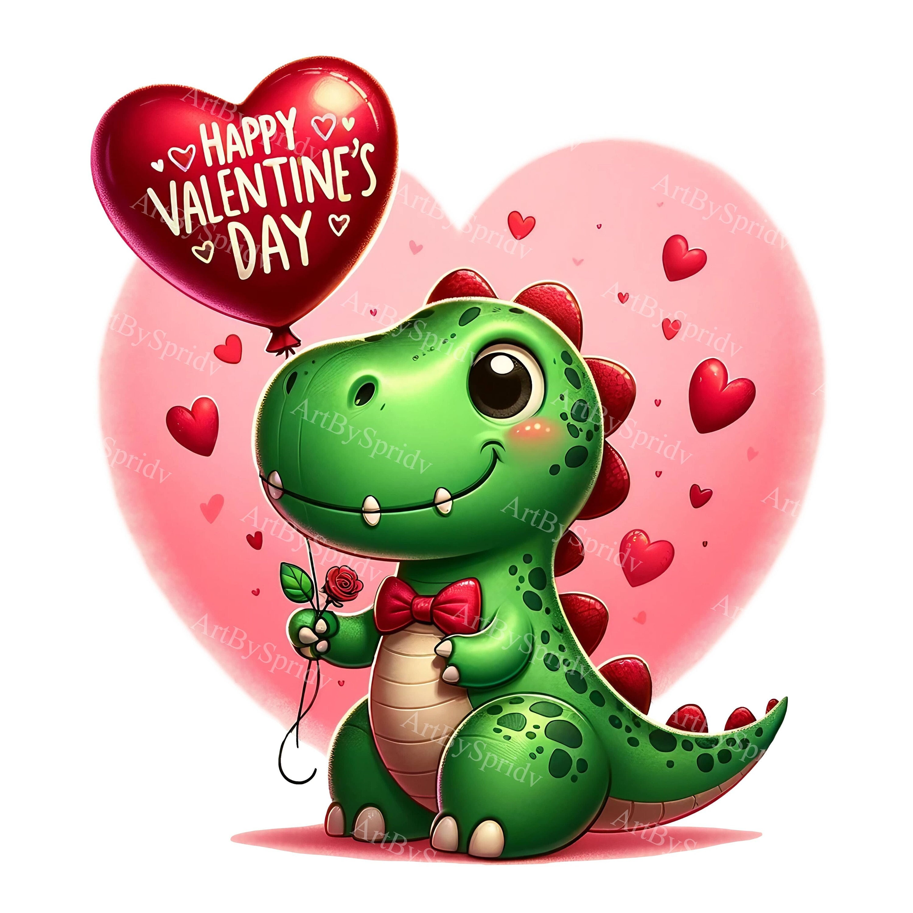 Valentine's Day T-rex Clipart - Cartoon Dinosaur With Heart Balloon ...