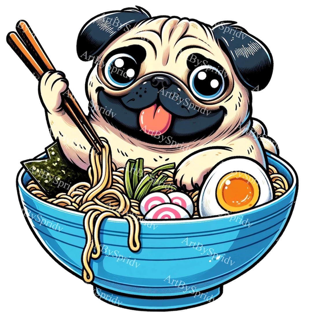 Adorable Pug Dog Clipart in Ramen Bowl - Cute Animal PNG Illustration ...